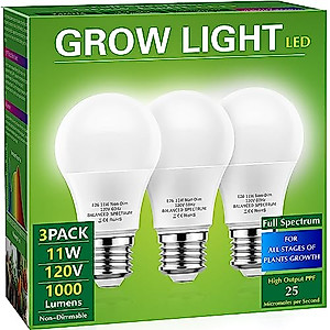 Briignite Grow Light Bulbs, Full Spectrum Grow Light Bulb, LED Grow Light Bulb A19 Bulb, Plant Light Bulbs E26 Base, 11W Grow Bulb 100W Equivalent, Grow Light for Indoor Plants, Seed Starting, 3 Pack
