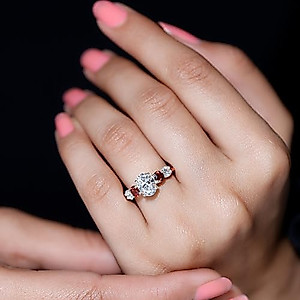 Rosec Jewels Moissanite Diamond Engagement Ring with Garnet - Certified 6X8 MM Oval Shape Moissanite Solitaire Ring (D-VS1 Quality), 14K White Gold, Size:US 7.50