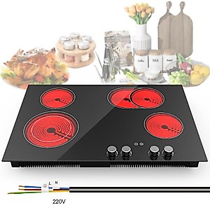 Electric Cooktop 30 Inch, Electric Stove 4 Burner Built-in Electric Cooktop,7200W Radiant Electric Cooktop Stove Itop,9 Power Levels,Timer,Knob Control,Kid Safety Lock,220-240V for Hard Wire(No Plug)
