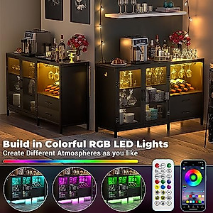 Cyclysio Wine Bar Cabinet with Power Outlets and LED Lights, Coffee Bar Station with Wine Rack, Industrial Sideboard Buffet with Drawers, Large Bar Cabinet for Liquor and Glasses, Home Bar, Black