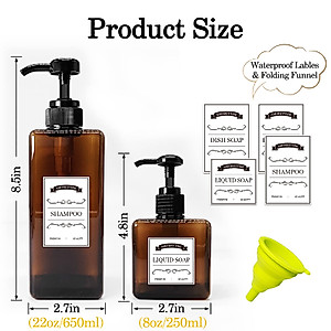 Amorettise 6 Pack Shampoo and Conditioner Dispenser Bottles - 4 Pack 22 Ounce and 2 Pack 8 Ounce Refillable Square Plastic Pump Bottles Shower Soap Dispenser for Shampoo Conditioner Body Wash (Amber)