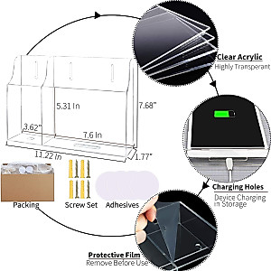 Pansyling Clear Wall Tablet Holder Acrylic Wall Mounted Phone Holder for iPad Wall Mount Holder, Remote Control Holder Laptop Stand for eReader Wall Storage Caddy with Charging Holes for Kindle iPhone