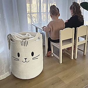 INDRESSME Cute Baby Laundry Basket, Tall Nursery Hamper for Clothes, Towels, Blankets, Kids Toy Storage Basket for Living Room, Bedroom, Cat Basket for Playroom, 16 x 20 inches, White