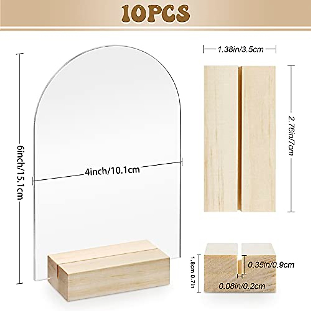 Bercoor 10 Pack 4x6 Inch Blank Clear Arch Acrylic Sign with Wooden Stands, Arched Round Top Acrylic Sheet, DIY Acrylic Arch Table Numbers for DIY Name Card Gifts Event Party Sign Decoration