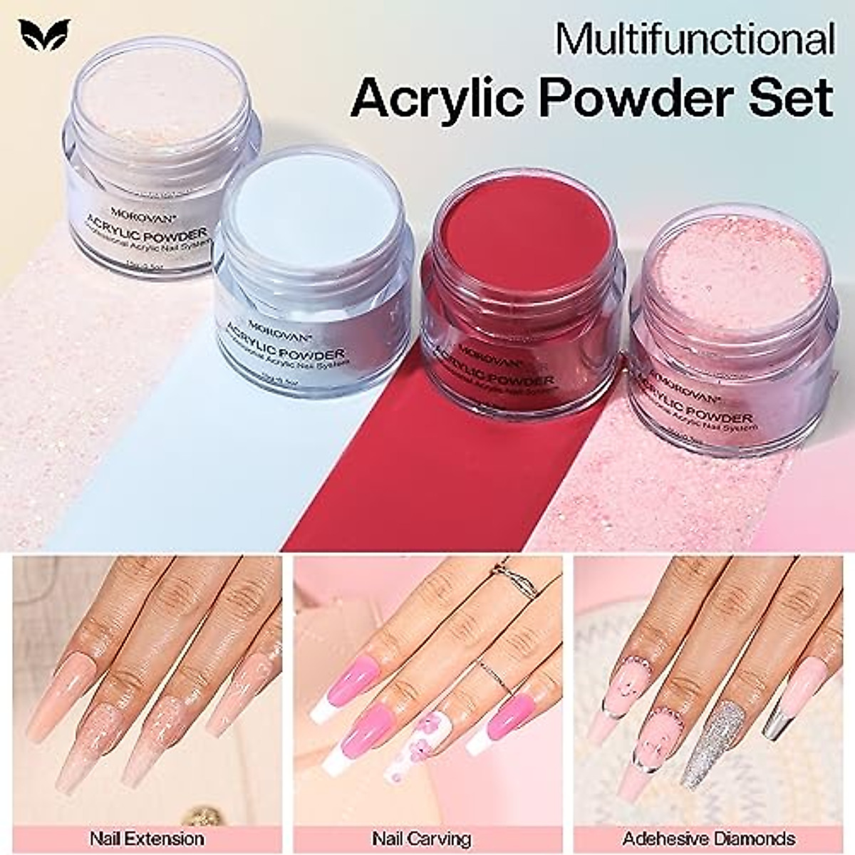Morovan Acrylic Powder Set: 56 Colors Acrylic Nail Powder with Pure & Glitter Nail Acrylic Powder for Acrylic Nails Extension Nail Carving No Nail Lamp Needed for Women Girls