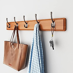 Spotact Wall Mounted Coat Rack Rustic 19.29*2.99*1.97 Inch Wooden Wall Hanger Heavy Duty Hanging Dual Hooks for Jacket Hat Towel Purse Bag for Bedroom Bathroom Entryway (5 Hooks, Cherry Wood Color)
