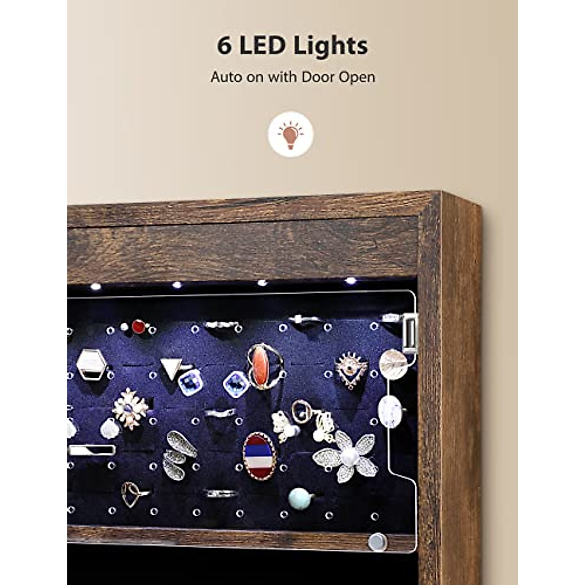 Nicetree 6 LEDs Mirror Jewelry Cabinet with 3 Improvements, 4.2" D Door/Wall Mounted Jewelry Armoire with Full Length Mirror, Larger Capacity, Rustic Brown