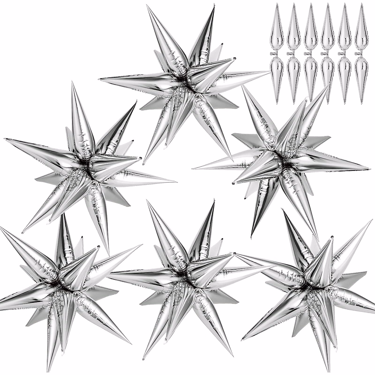 72 PCS Silver Star Balloons, 12 Point Star Foil Mylar Starburst Balloons Spike Explosion Cone Balloon for Party Decorations Supplies, Birthday, Wedding, Baby Shower, Graduation Balloons 2024
