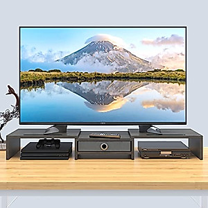 WESTREE Dual Monitor Stand Riser with Drawer, 3 Shelf Computer Monitor Riser with Adjustable Length and Angle, Desktop Monitor Stand Riser Storage Organizer for 2 Monitors