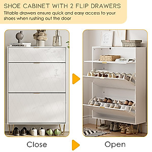 Acodaiuy Shoe Storage Cabinet, Shoe Cabinet with 2 Flip Drawers Entryway Shoe Storage Freestanding Shoe Organizer Cabinet with Metal Leg, Narrow Shoe Rack Cabinet, Diamond White