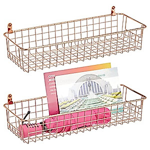 mDesign Wallmount Metal Storage Basket Tray with Handles - Decorative Organizer for Hanging in Entryway, Mudroom, Bedroom, Bathroom, Laundry Room - Small - Hooks Included - 2 Pack - Rose Gold