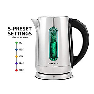 Ovente Electric Tea Kettle Stainless Steel 1.7 Liter Instant Hot Water Boiler Heater Cordless with Temperature Control, Automatic Shut Off and Keep Warm Function for Coffee Milk Chocolate Silver KS58S