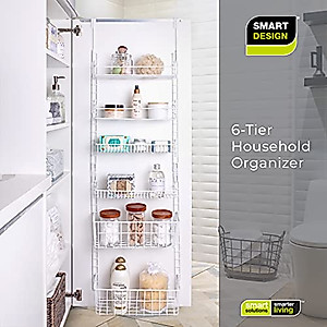 Smart Design Over The Door Adjustable Pantry Organizer Rack w/ 6 Adjustable Shelves - Steel Metal - Hanging - Wall Mount - Cans, Spice, Storage, Closet - Kitchen [White]