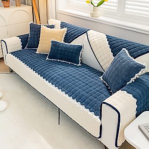 vctops Soft Corduroy Sofa Couch Cover, Plaid Sectional Couch Covers, Non-Slip Sofa Slipcover for Dogs Cats Kids(Navy,36"x47")