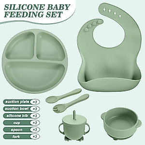 18 Pcs Silicone Baby Feeding Set Infant Dinnerware Adjustable Silicone Toddler Bibs Baby Plates and Bowls Set Suction Bowls Divided Plates Spoons Fork Cups Utensils(Beige, Pink, Navy Green)