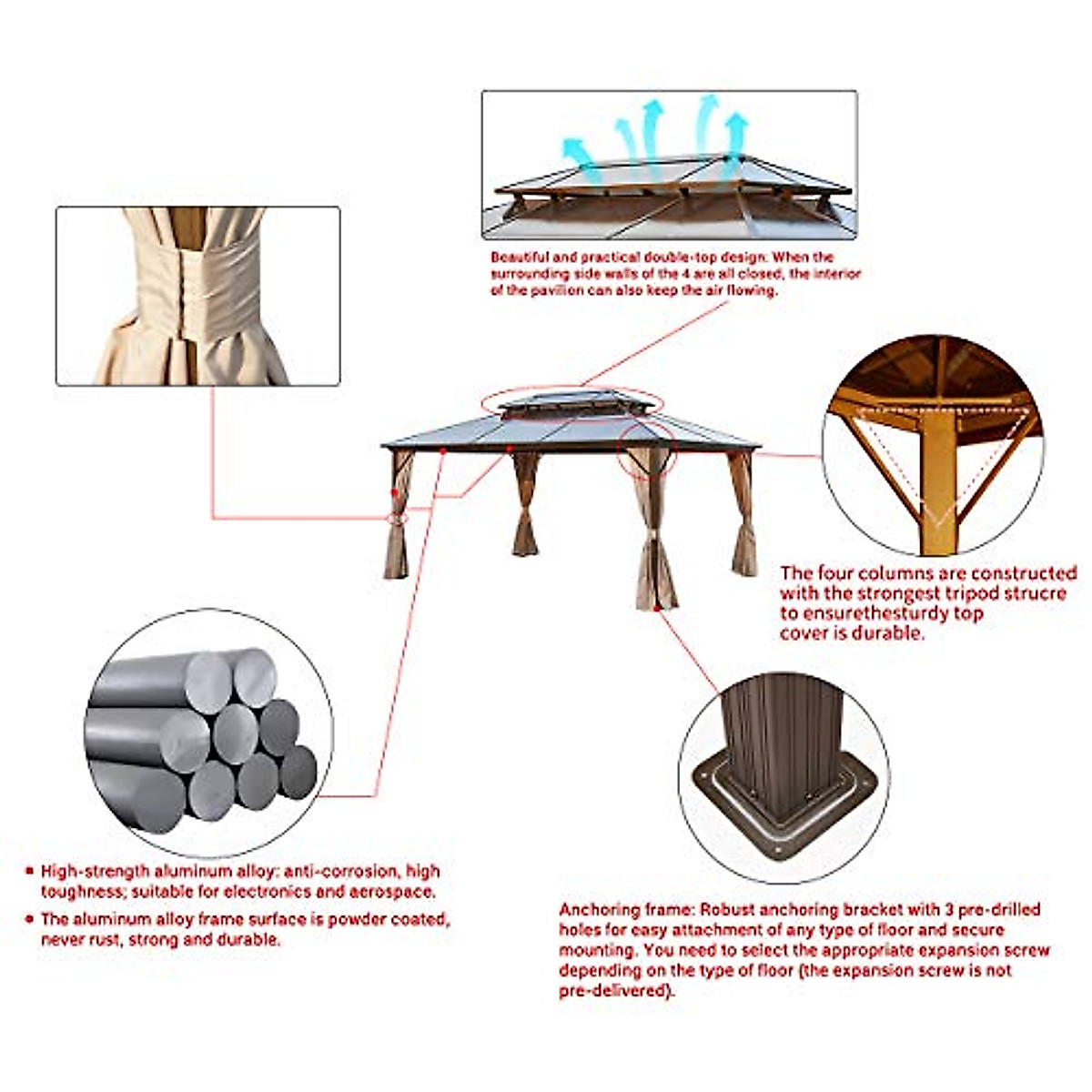 MELLCOM 12 x 16ft Polycarbonate Hardtop Gazebo, Double Roof Aluminum Gazebo, Outdoor Waterproof Gazebo with Netting and Curtains for Patios, Garden, Deck, Lawns
