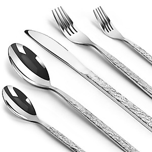 Qulable 20 Piece 18/10 Stainless Steel Flatware Sets for 4, Hammered Silverware Set,Silverware Cutlery Sets, Rust Proof Cutlery with Stone Textured Design Mirror Polished - Dishwasher Safe