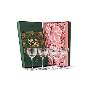 Vintage Art Deco Nick and Nora Coupe Glasses | Set of 4 | 5 oz Crystal Ribbed Cocktail Glassware for Drinking Classic Gin, Whiskey, Vodka Bar Drinks | Retro Long Stemmed Barware Goblets