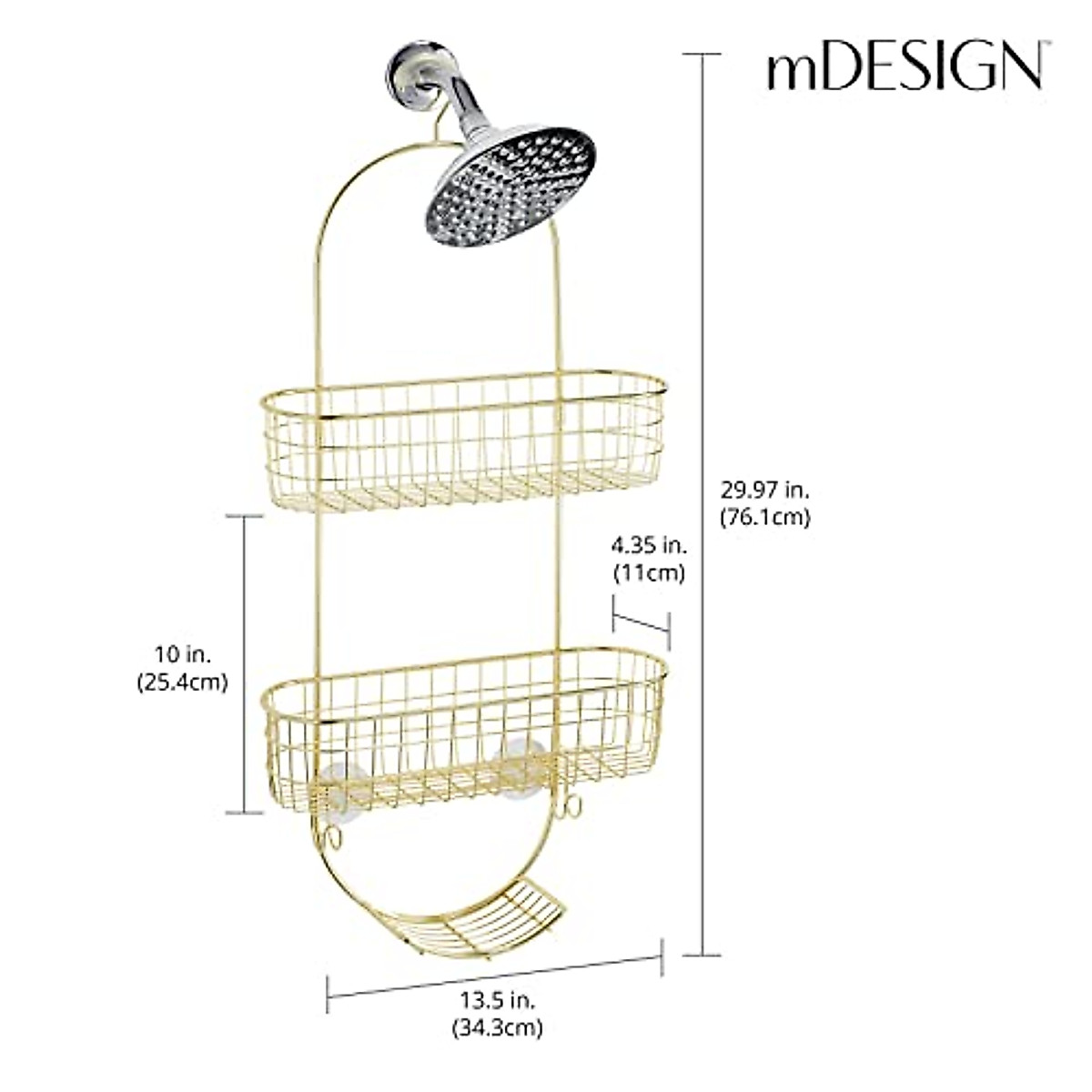 mDesign Steel Metal Curved Bathroom/Shower Caddy, Hanging Storage Organizer for Shampoo and Conditioner Bottles - 2-Tier Rack with Baskets - Holder for Soap, Body Wash, Concerto Collection, Soft Brass