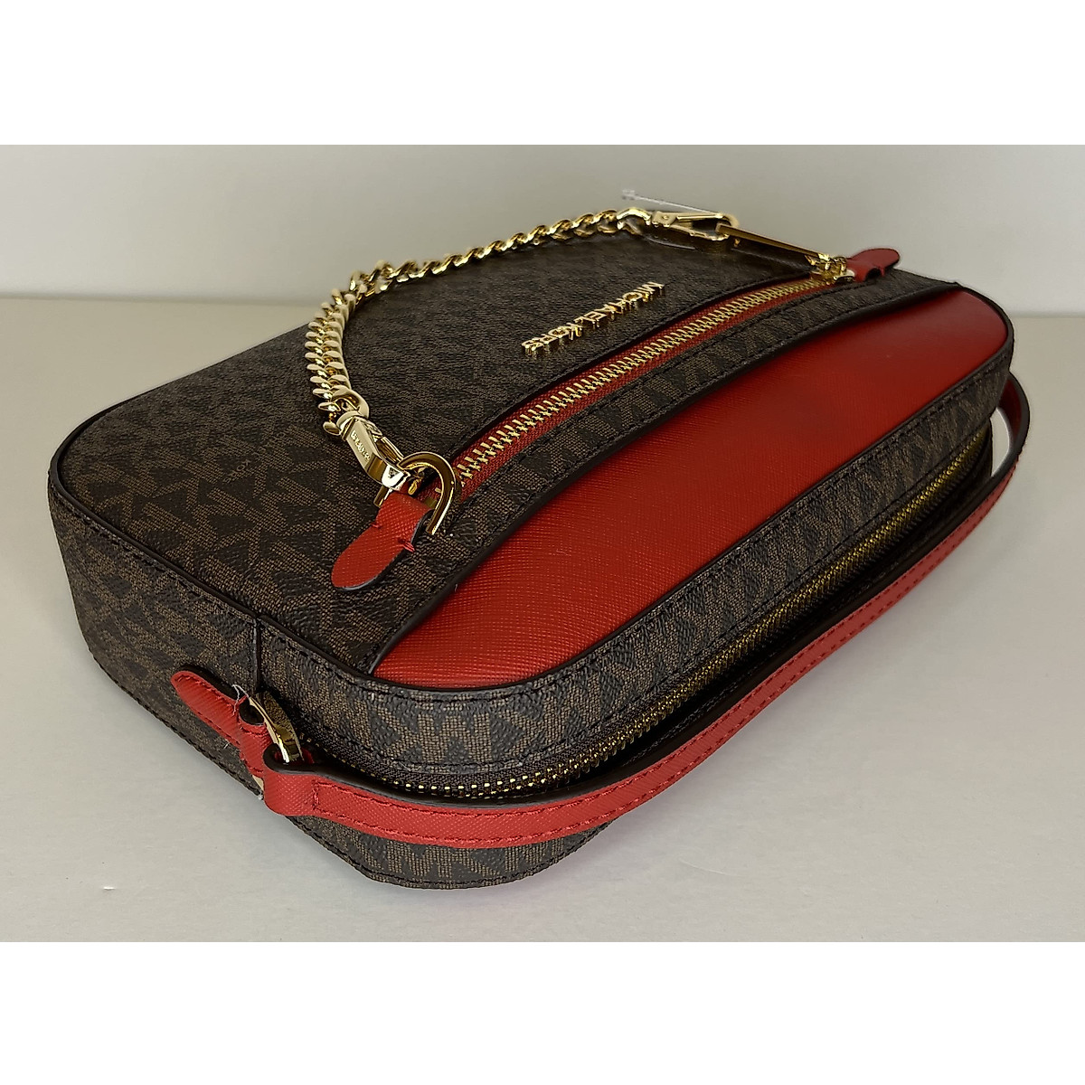 Michael Kors Jet Set Large Chain Crossbody Bag bundled with with SM TZ Coinpouch Wallet and Purse Hook (Signature MK Brown/Flame)