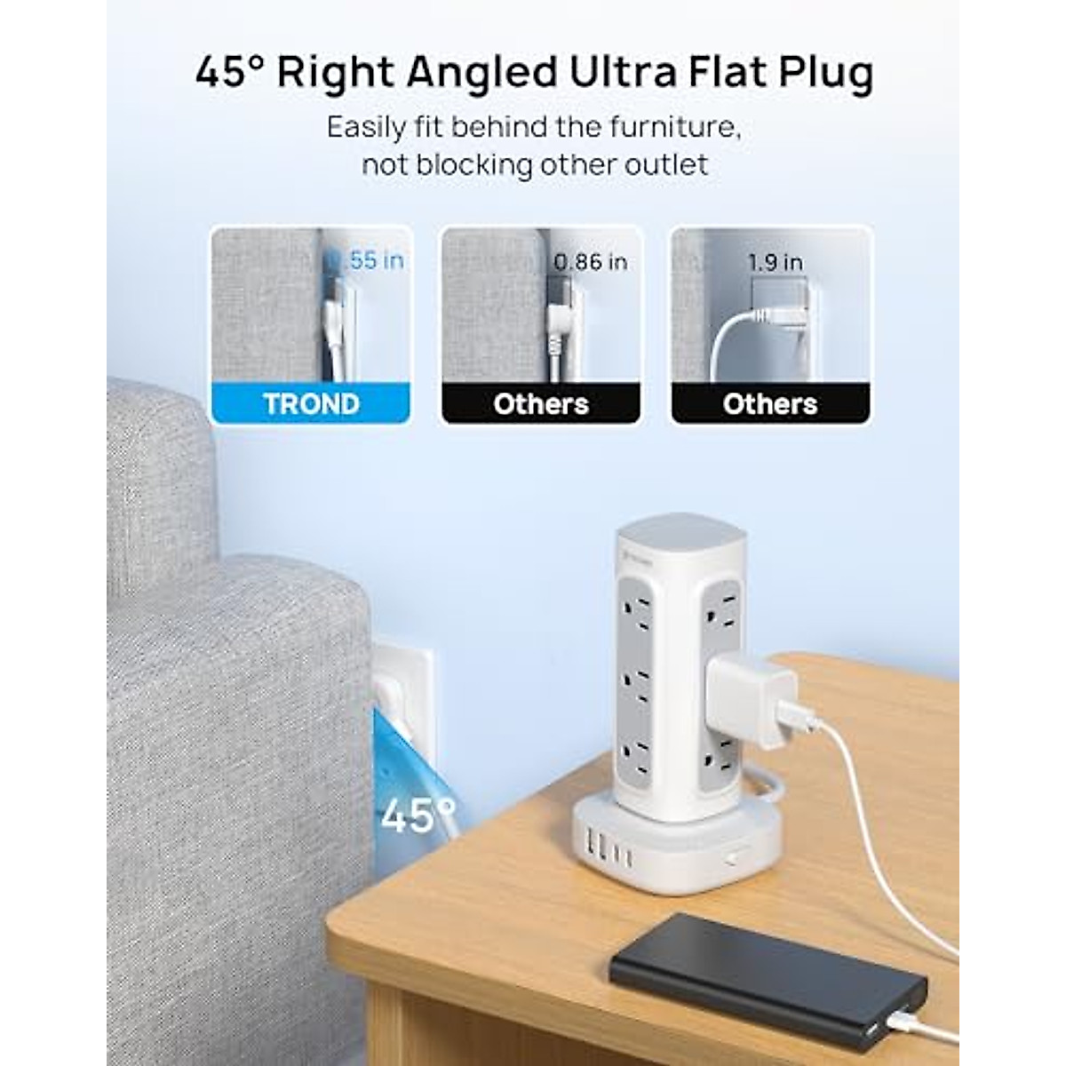 TROND Tower Power Strip Surge Protector - Power Strip with 4 USB Ports(2 USB C), 12 Widely Spaced Outlets, Ultra Thin Flat Plug 10ft Extension Cord, 1700J, for Home Office Supplies, Dorm Essentials