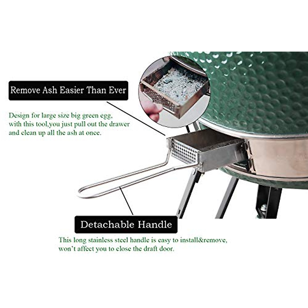 DOLAMOTY Upgrade Slid Out Ash Drawer Big Green Egg Accessories Ash Tool,ash Drawer for Large Big Green Egg Only,Green Egg Replacement Parts ash Clean Tool,Stainless Steel(New Version)