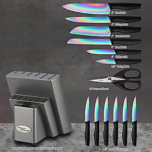 KYA25 Rainbow Color Knife Block Set + KYA52B 7 PCS Stainless Steel Cooking Utensils Sets with Titanium Plated + KYA57 rainbow Color box grater