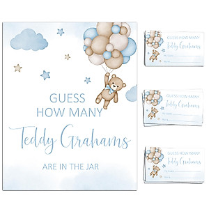 noxozoqm We Can Bearly Wait Baby Shower Games Guess How Many Bear Game Sign and String Card for 50 Guests for Boys Baby Shower (Blue)