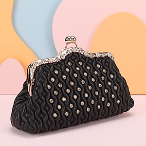 Fawziya Evening Clutch Purses For Women Formal Kiss Lock Crystal Leather Shoulder Bag-Black