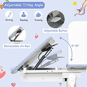 Costzon Kids Desk, Height Adjustable Children Study Desk w/Tilt Desktop, Storage Drawer, Book Shelf, Metal Hook, Writable Tabletop for Writing, Painting, Reading, Multifunctional Student Desk, Blue