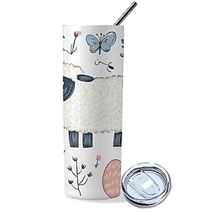 Tumbler with Lid and Straw Cute cartoon hand drawn lamb Thermos Coffee Travel Mug Cute Cups 20 oz Insulated Tumbler for Daily Holiday Decor Gift Coffee Cup