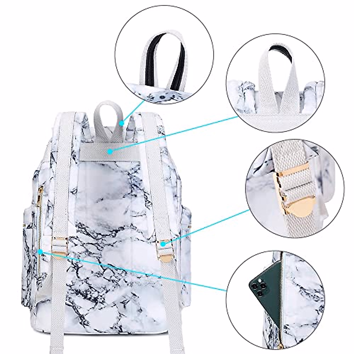 Bluboon Girls School Backpack Women College Bookbag Lady Travel Rucksack 15.6Inch Laptop Bag with Charge Port (A-Marble)