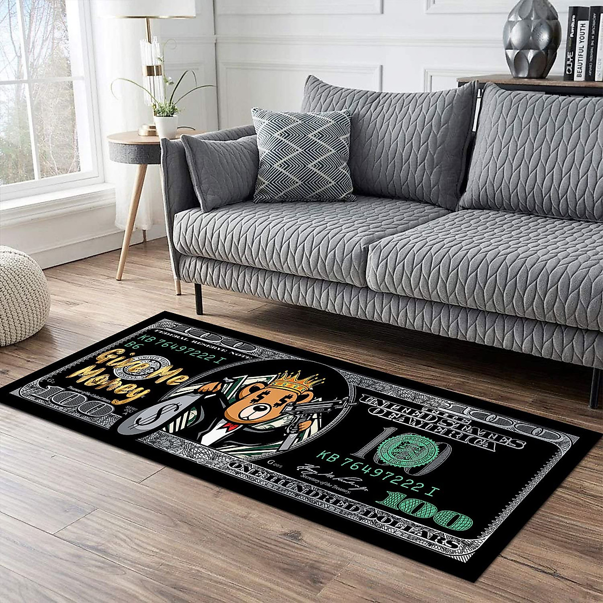 JUST BREATHE Black Money Rugs 100 Dollar Bill Rug Give Me Money Fun Bear Runner Rug 59"x24"