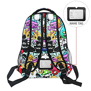 Vnurnrn Kids Travel Backpack for Boys Girls, Coloured Graffiti Print Large Capacity with Name Tag Slot