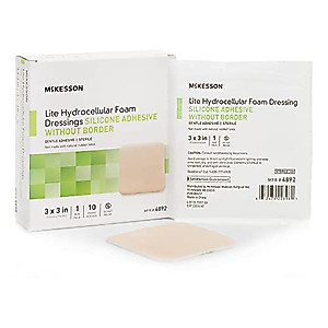 McKesson Lite Hydrocellular Foam Dressings, Sterile, Silicone Adhesive Without Border, 3 in x 3 in, 10 Count, 1 Pack