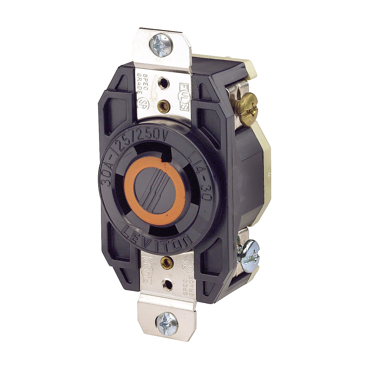 Leviton 2710 30 Amp, 125/250 Volt, Flush Mounting Locking Receptacle, Industrial Grade, Grounding, V-0-MAX, Black