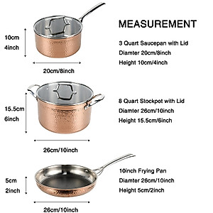 Cyrder Stainless Steel Pots and Pans Set, Luxury Tri-Ply Hammered Kitchenware Cookware with Lids, Heavy Duty & Non-Toxic Rose Gold Special Hammered Pattern Detail, 5-Piece