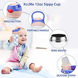 XccMe Kids Sublimation Tumbler,12 PACK 12oz Stainless Steel Sublimation Sippy Cup,Double Wall Insulated Kids Tumbler with Handle,Spill Proof lid,Shrink Films,Silicone Bottoms,for Water,Drinks