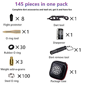 FOX SMILING 145 Pieces Dart Tool Kit with Steel Rubber O Ring, Stone Sharpener Dart Repair Accessories Set Flight Protector and Weight Add A Grams,Small Packaging Easy Carrying (145 Pieces)