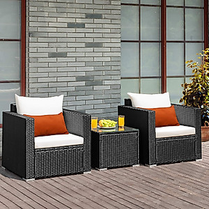 Toolsempire 3 Pieces Patio Conversation Set Outdoor Rattan Wicker Furniture Set with Water-Resistant Cushion & Tempered Glass Tabletop, Wicker Chair for Porch, Balcony, Backyard(Beige)