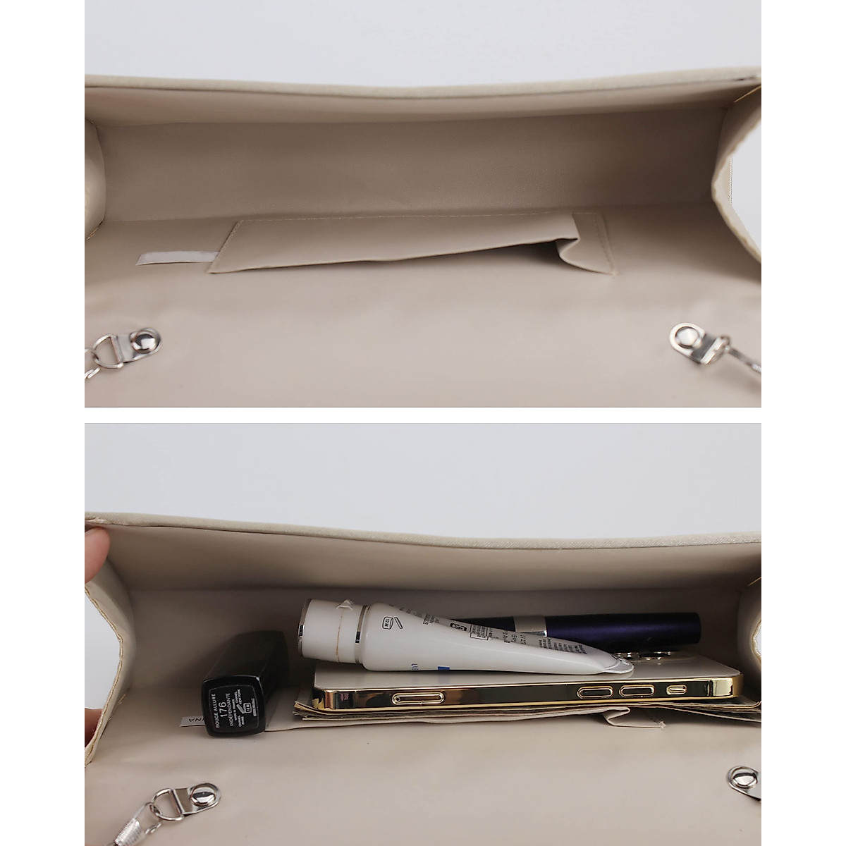 Reberomantic Women Satin Evening Bag Pearl Clutch Purses for Wedding Party Formal Crossbody Bag (Beige)