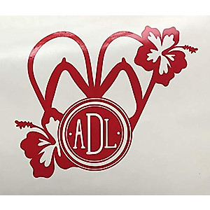 Custom Initial Monogram Decal Bumper Sticker, for Tumblers, Laptops, Car Windows - Sandal Flip Flop & Hibiscus Tropical Flower Design