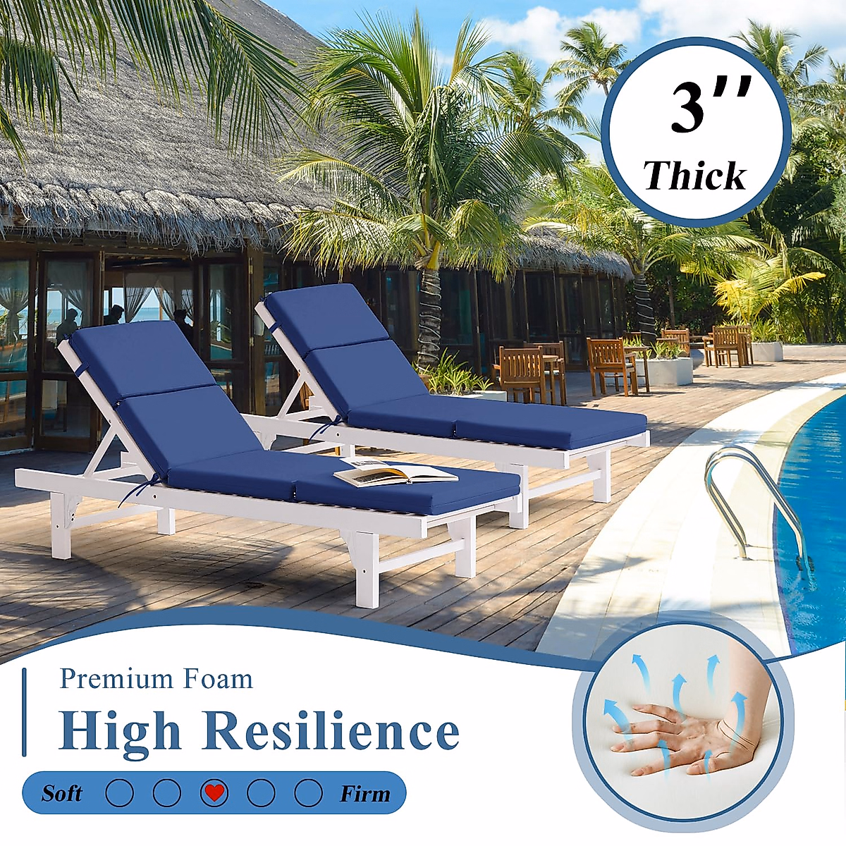 Qirroboni Outdoor Chair Cushion, High-Density Foam Patio Chair Cushion with Ties, Water Repellent, Fade Resistant, Garden, Lawn, Pool & Beach Recliner Chairs Cushions, 72x21x3 Inch, Royal Blue