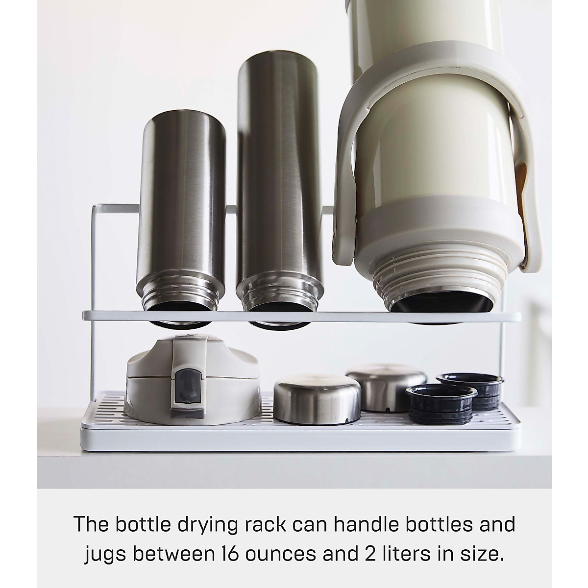 Yamazaki Home Countertop Two Tier Bottle Drying Rack, Wide Jug Storage Stand with Drainage Tray for Kitchen Counter for Glass Metal Or Plastic Bottles, Steel, No Assembly Req.