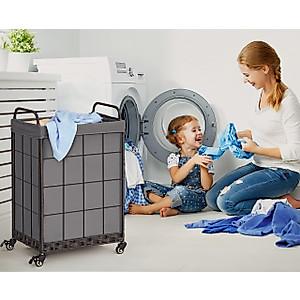 Laundry Hamper with Heavy Duty Rolling Lockable Wheels; Durable Laundry Basket with Detachable Liner Bag; Collapsible Clothes Hamper with Metal Handle (Grey)