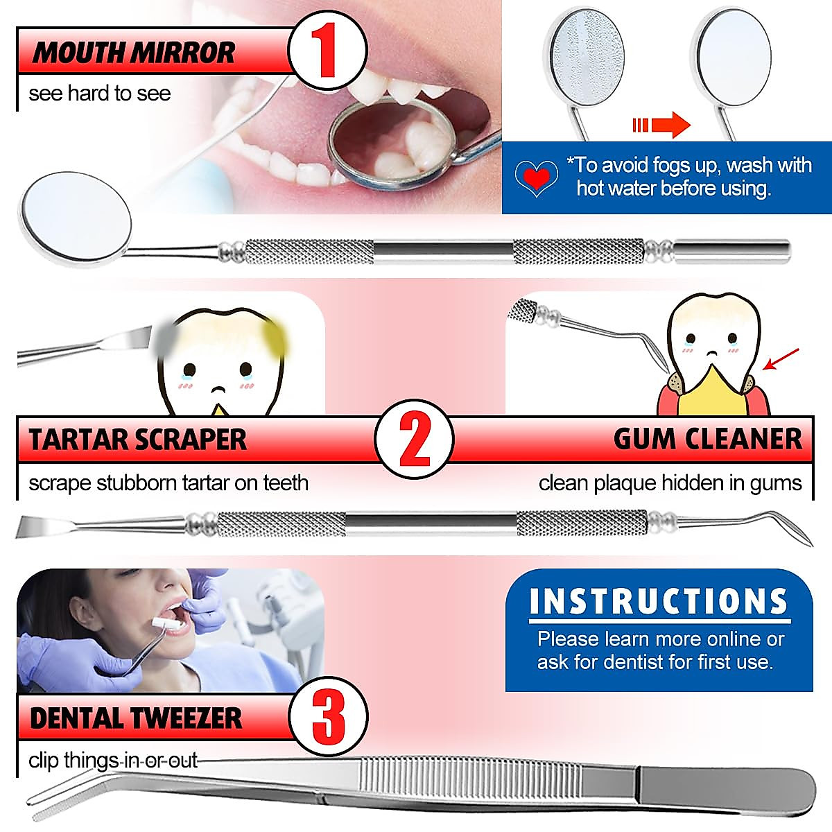 Antonki 6 Pack Teeth Cleaning Dental Tools, Plaque Remover Dental Hygiene Kit, Stainless Steel Professional Tooth Tartar Scraper for Home Use - with Case