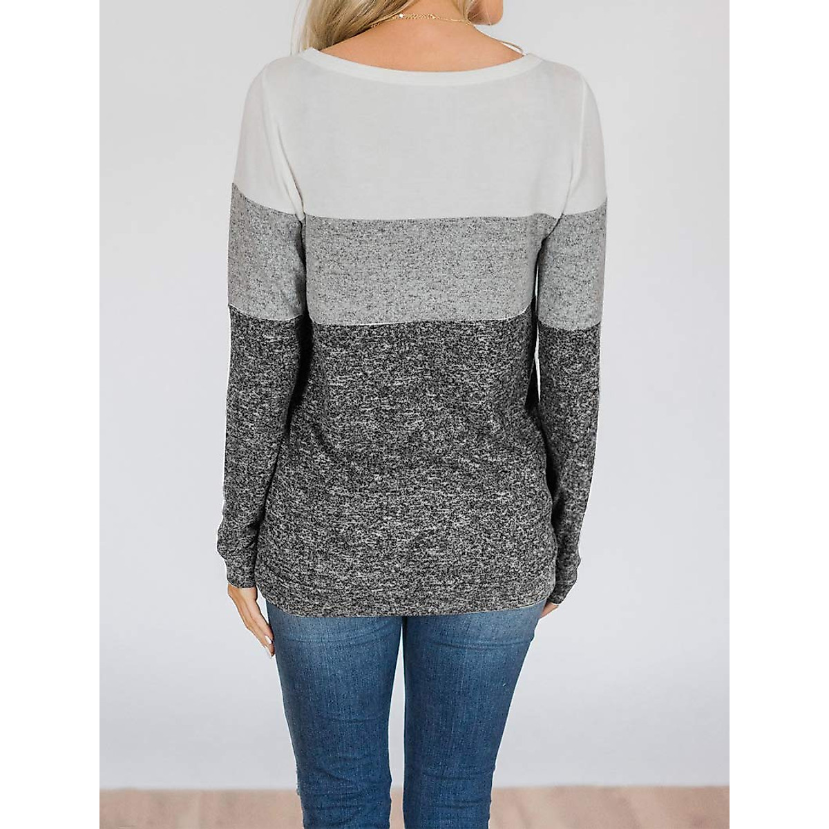 Minthunter Women's Long Sleeve Color Block Cute Shirt Round Neck Casual Tops (Carbon Black, Small)