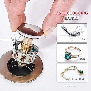 BSTOB Universal Wash Basin Bounce Drain Filter, Sink Drain Stopper Up Bathroom Sink Drain Plug with Basket, Kitchen Bathroom Strainer Sink Drain Stopper