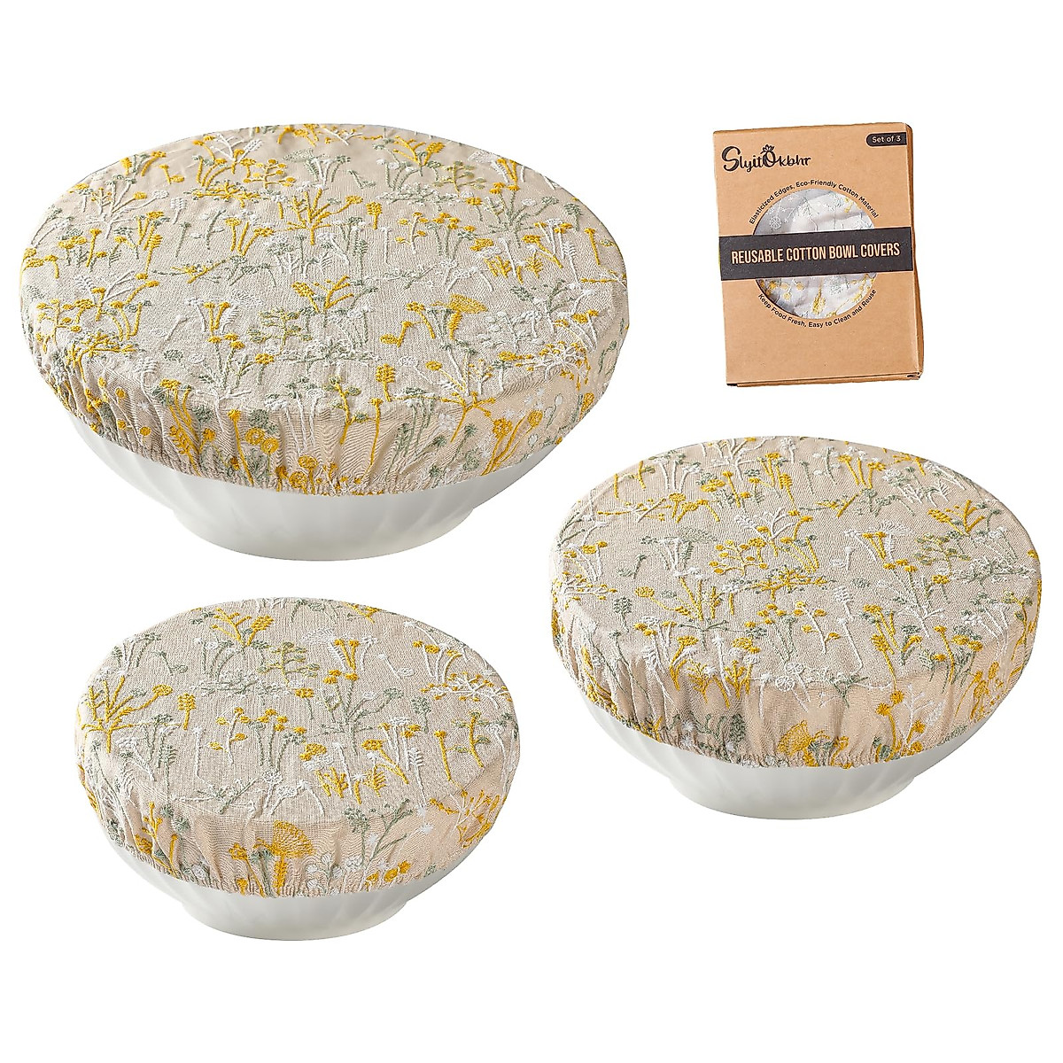 Slyitokbhr Reusable Bowl Covers for Bread Proofing Baking Embroidered Dandelion Linen Cotton Cloth Fabric Washable with Elastic Cover for Food Fruit Salad Eco-friendly (Beige Dandelion)