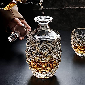 Czech Crystal Glass Whiskey Set 1+6 Elegant Design "Morris" Decanter 25oz./750ml.+Tumblers 11oz./320ml. Heavy Base Old Fashioned Style Bourbon Scotch Brandy Vodka Birthday Wedding Housewarming Gift